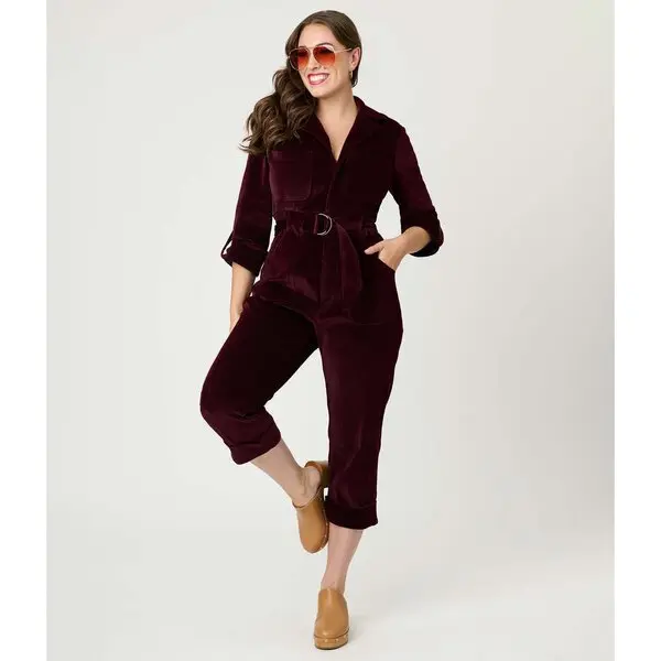 Unique Vintage Trixie Belted Jumpsuit - Burgundy