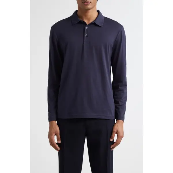 Sunspel Long Sleeve Supima® Cotton Polo - Navy