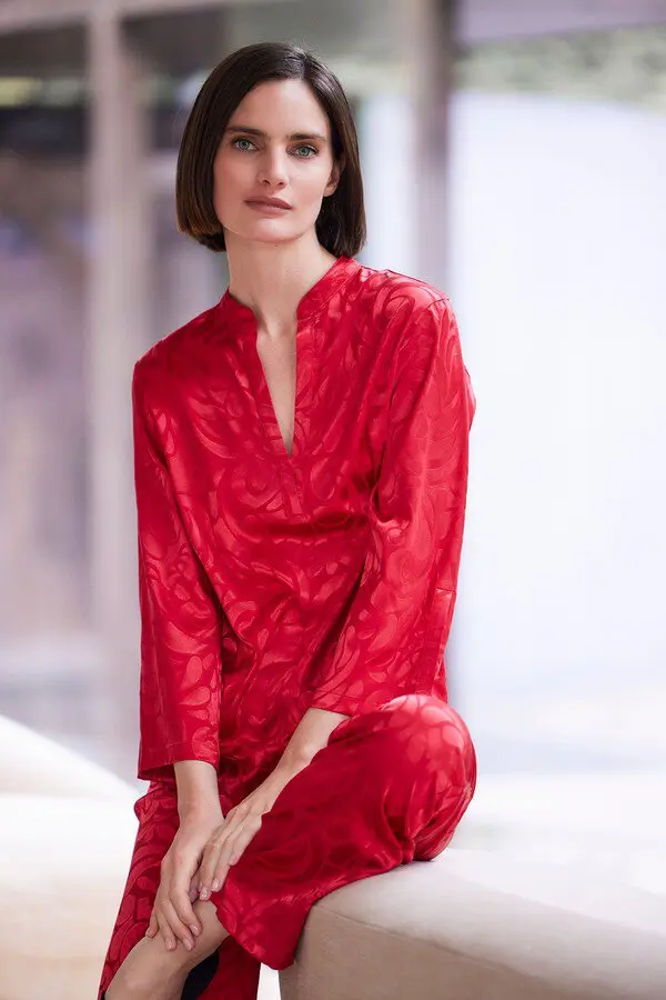 Natori Scroll Satin Jacquard Long Sleeve Pj - Natural