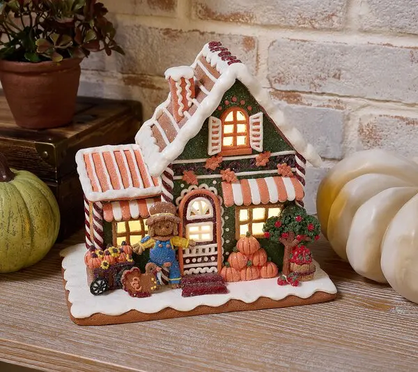 VALERIE PARR HILL As Is Illuminated Harvest House W/scarecrow And Pumpkins - One-color
