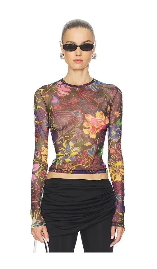 AREA Hotfix Printed Long Sleeve Tulle Top