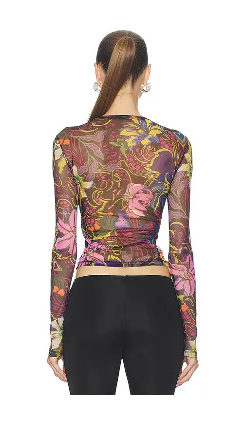 AREA Hotfix Printed Long Sleeve Tulle Top