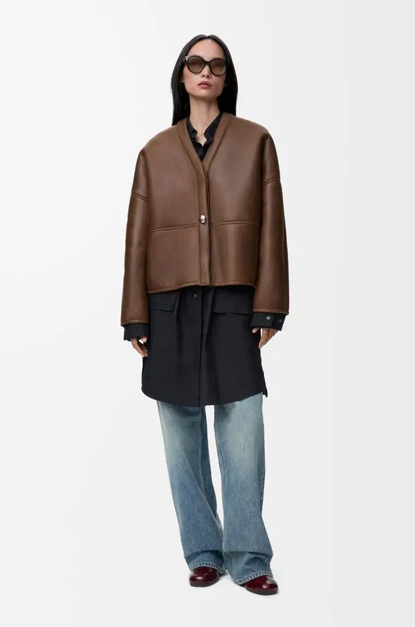 Loewe Shearling Cardigan With Anagram Pebble Button - Khaki Brown