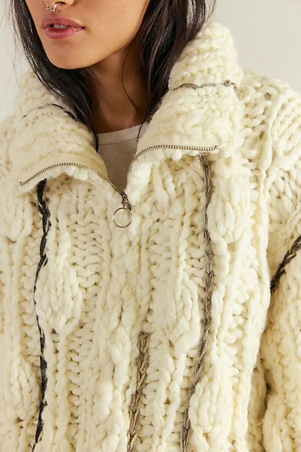 NIGEL PRESTON Tessel Line Knit Zip-up Sweater - Cream