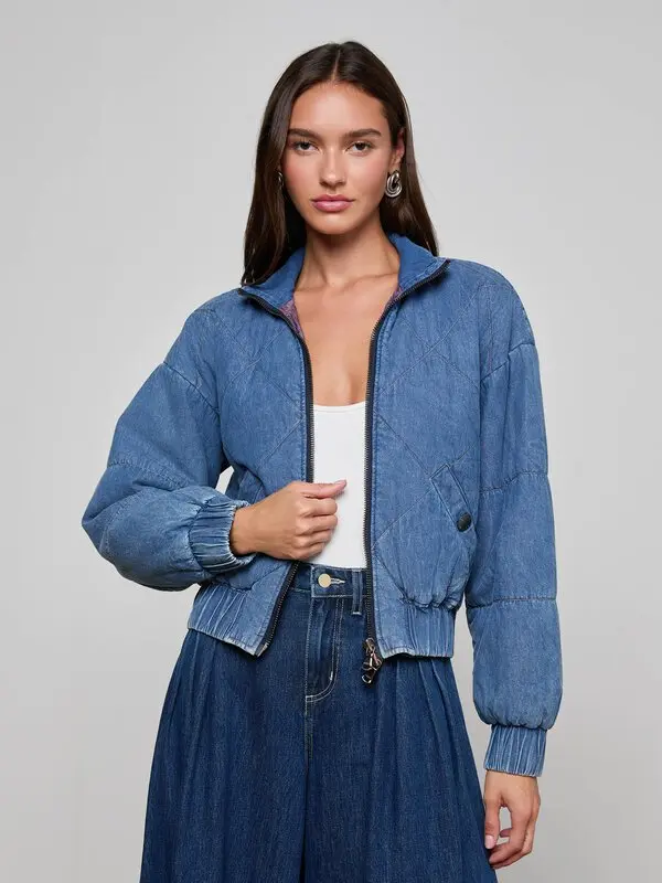 L'Agence Ryah Denim Bomber Jacket - Medium Washed Denim