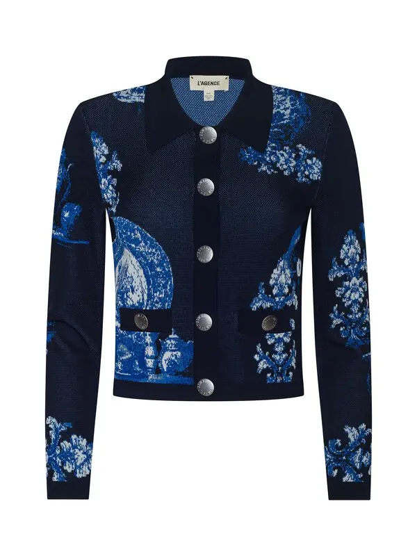 L'Agence Osiris Jacquard Knit Cardigan - Black/blue Large Porcelain