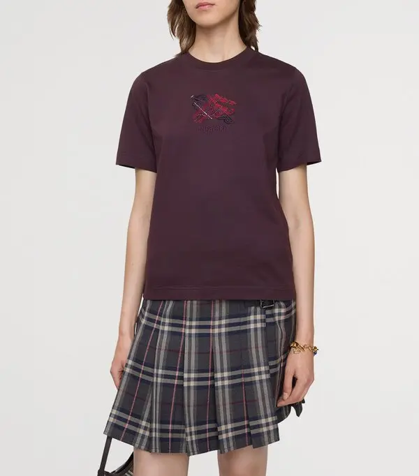 Burberry Cotton T-shirt With Check And Ekd Embroidery - Red