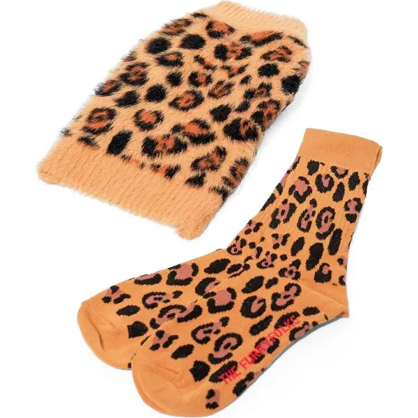 THE FURRYFOLKS Leopard Pet Sweater & Crew Socks Set - Brown