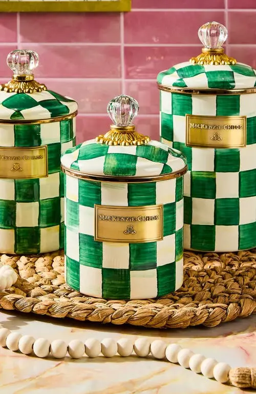 MACKENZIE-CHILDS Check Small Enameled Steel Canister - Emerald