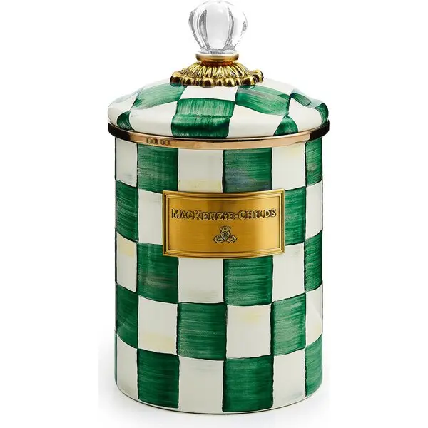 MACKENZIE-CHILDS Check Medium Enameled Steel Canister - Emerald