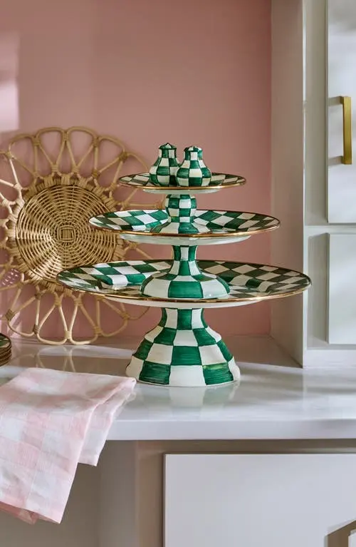 MACKENZIE-CHILDS Check Large Pedestal Platter - Emerald