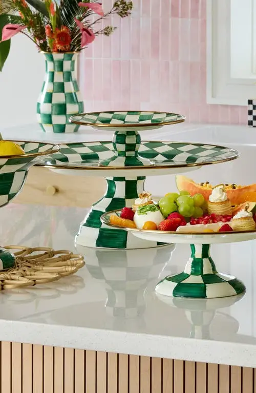 MACKENZIE-CHILDS Check Large Pedestal Platter - Emerald