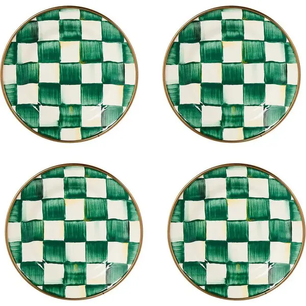 MACKENZIE-CHILDS Check Set Of 4 Enameled Steel Appetizer Plates - Emerald