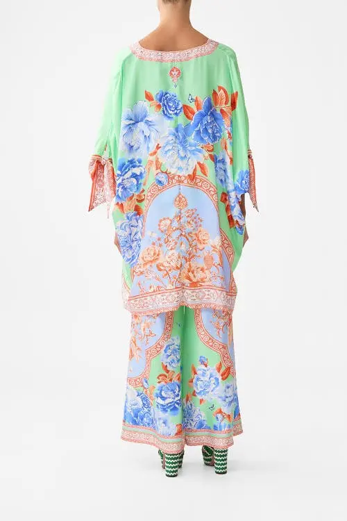 Camilla Tie Sleeve Short V Neck Kaftan In Silk With Exclusive Print