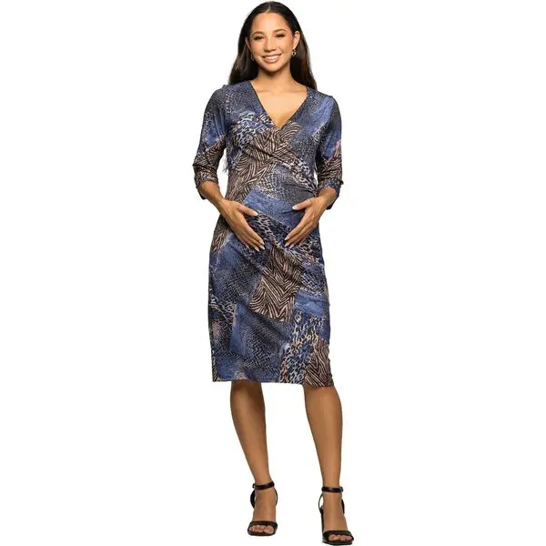 24SEVEN COMFORT APPAREL Three Quarter Sleeve Faux Wrap Dress - Blue Multi