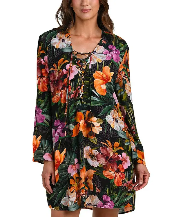 La Blanca Tropical Print Lace-up Tunic Swim Cover-up - Multi