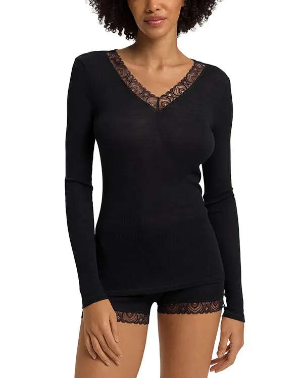 Hanro Lace Trim Long Sleeve Top - Black