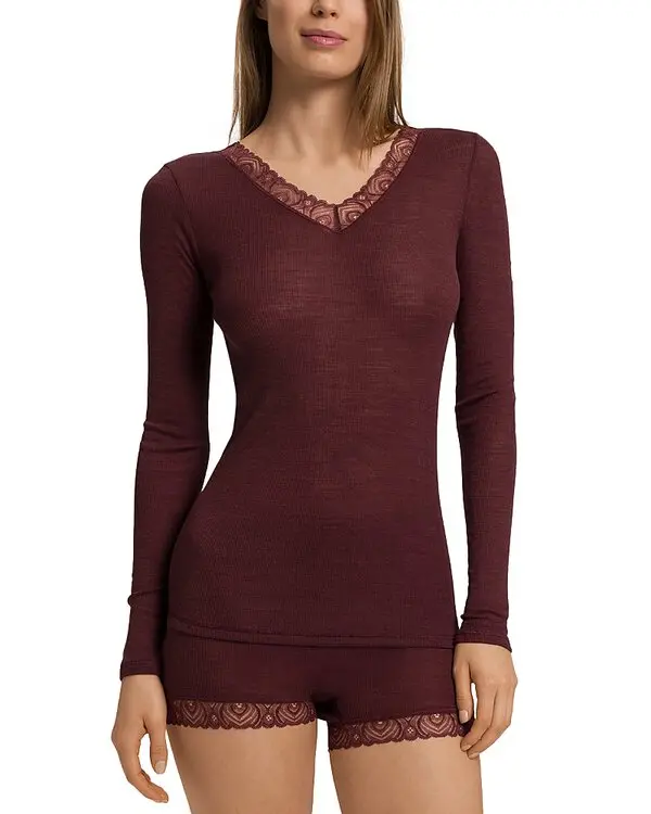 Hanro Lace Trim Long Sleeve Top - Vivid Brown