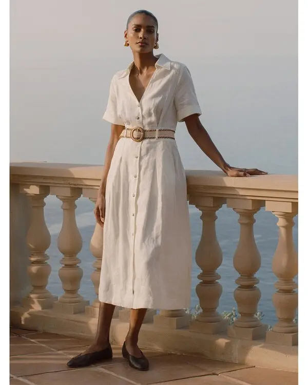 knee length dresses for ladies Beverly Long Shirt Dress Navy Washed Linen main image 0