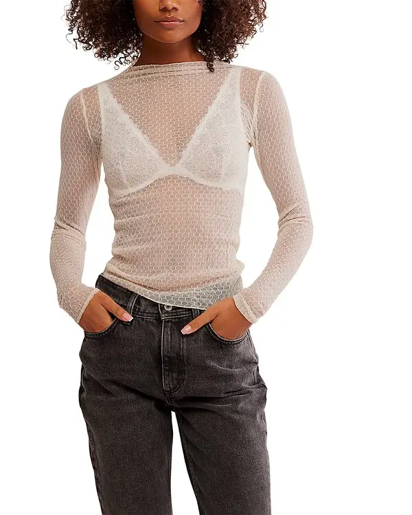 Free People Sheer Mesh Long Sleeve Top With Front Tie Detail - Tea