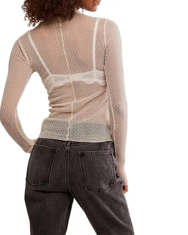 Free People Sheer Mesh Long Sleeve Top With Front Tie Detail - Tea