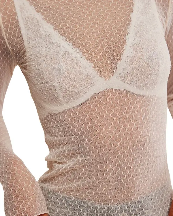 Free People Sheer Mesh Long Sleeve Top With Front Tie Detail - Tea