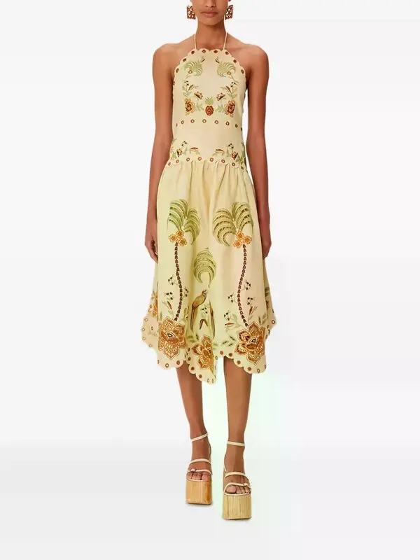 Farm Rio Halter-neck Embroidered Midi Dress - Neutrals