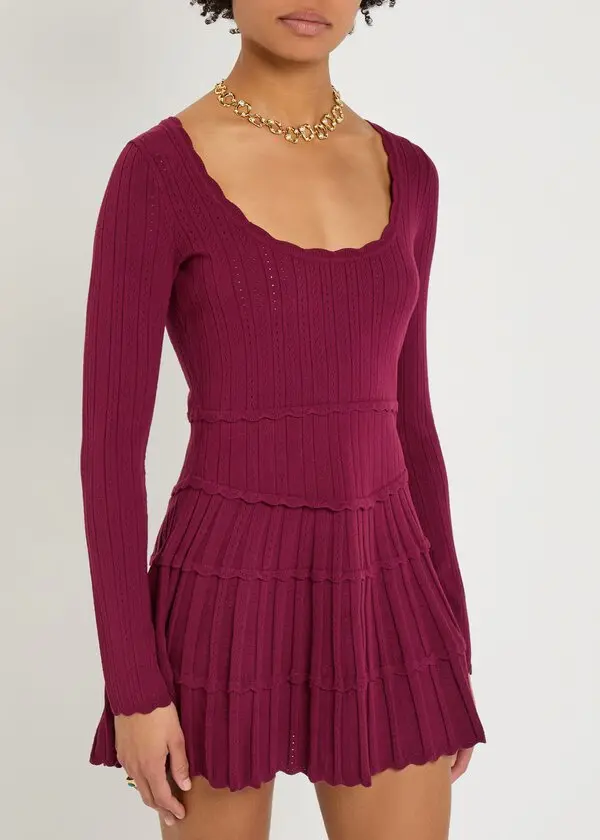 LoveShackFancy Pointelle-knit Mini Dress - Burgundy