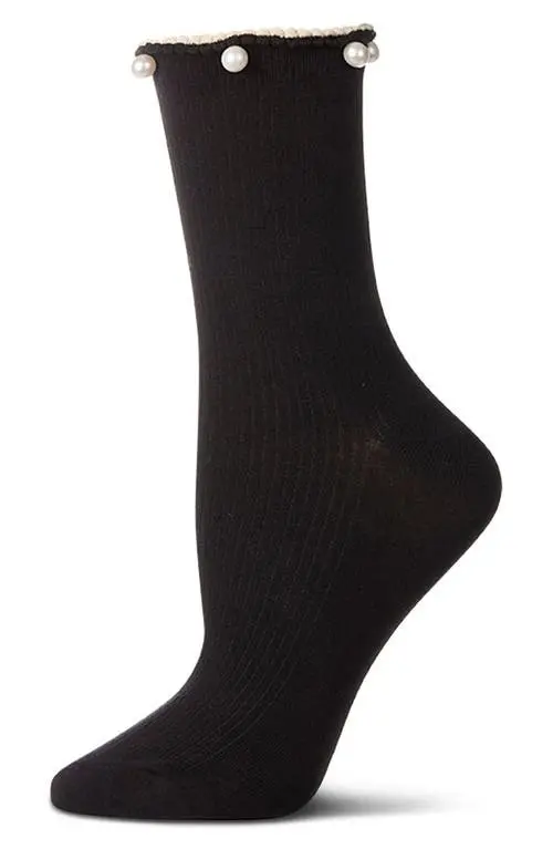 MEMOI Faux Pearl Lettuce Edge Crew Socks - Black