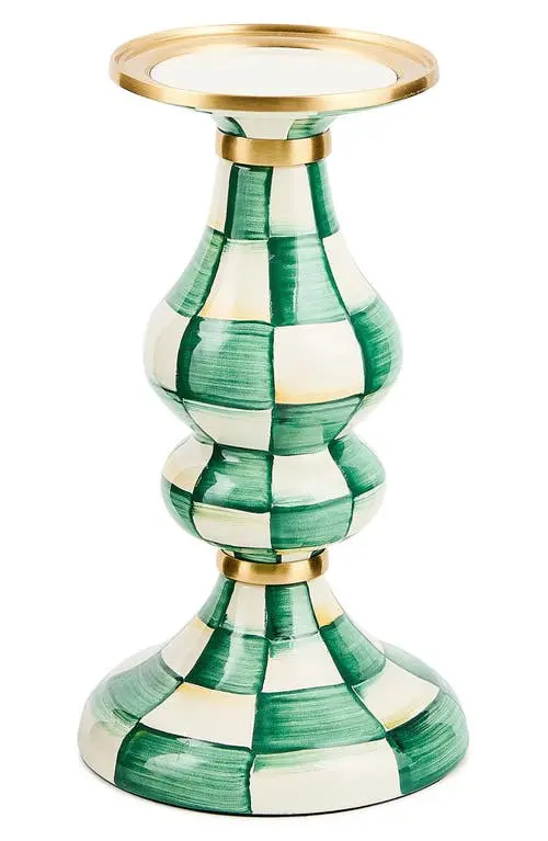 MACKENZIE-CHILDS Check Medium Pillar Candleholder - Emerald