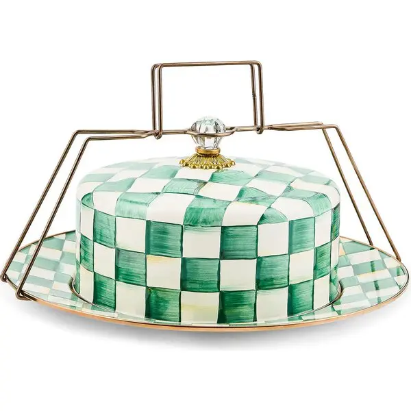 MACKENZIE-CHILDS Check Enameled Steel Cake Carrier - Emerald