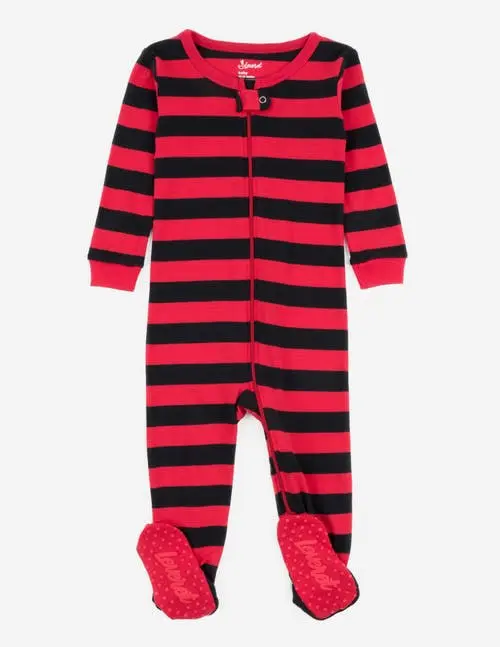 LEVERET Striped Cotton Footed Pajamas - Striped Red & Black