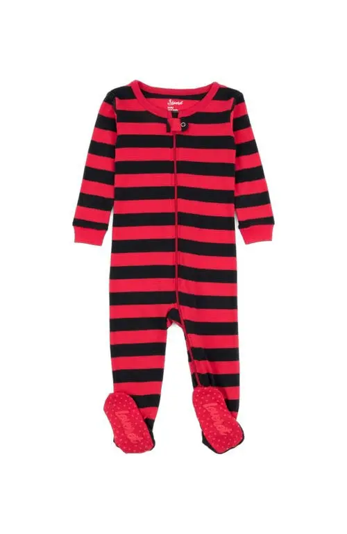 LEVERET Striped Cotton Footed Pajamas - Striped Red & Black