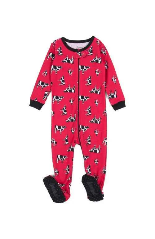 LEVERET Footed Printed Cotton Pajamas - Cow Red