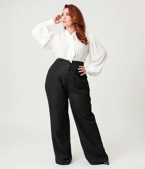 Unique Vintage High-waist Wide Leg Trousers - Black Solid