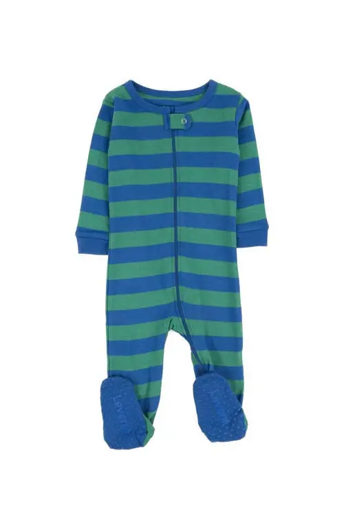 LEVERET Printed Footed Cotton Pajamas - Striped Blue & Green