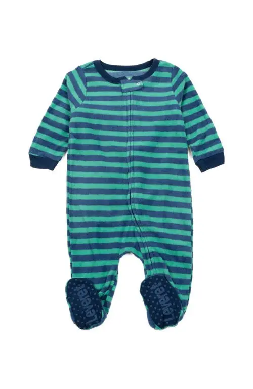 LEVERET Printed Footed Fleece Pajamas - Striped Blue & Green