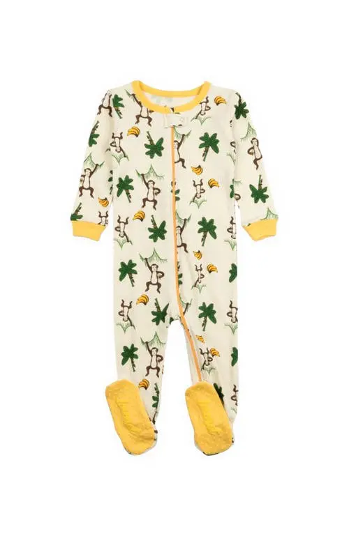 LEVERET Printed Footed Cotton Pajamas - Monkey W/banane
