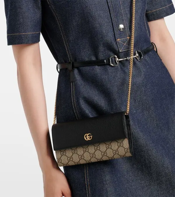 Gucci Gg Marmont Leather-trimmed Wallet On Chain - Black