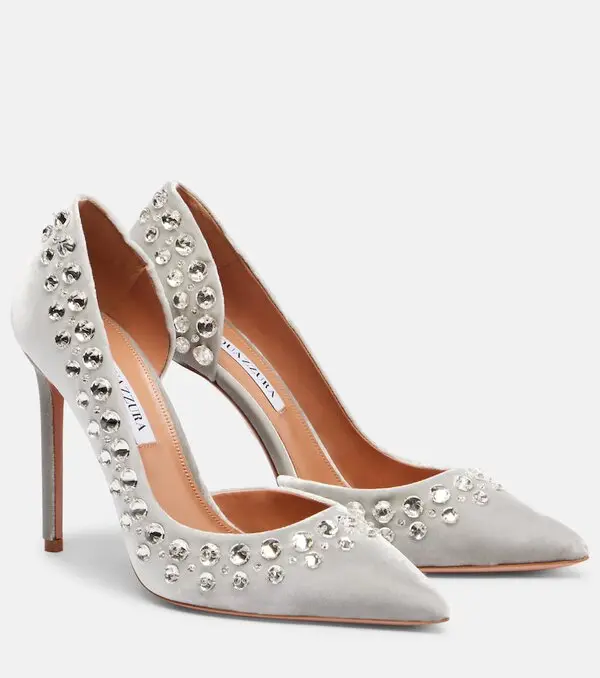 AQUAZZURA Cosmic Love 105 Embellished Velvet Pumps - Grey