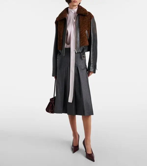 Prada Pleated Virgin Wool Flannel Midi Skirt - Grey