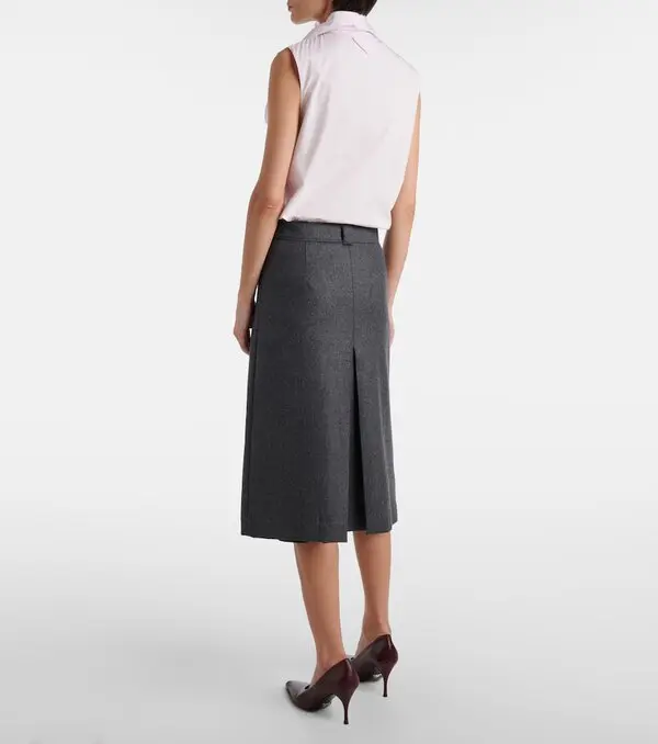 Prada Pleated Virgin Wool Flannel Midi Skirt - Grey