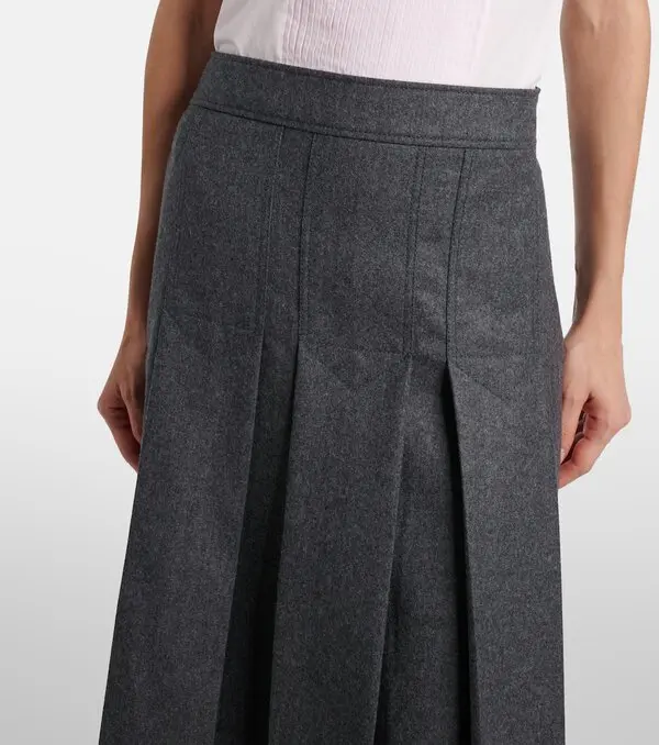 Prada Pleated Virgin Wool Flannel Midi Skirt - Grey