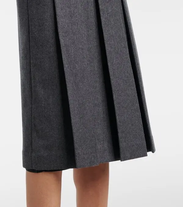 Prada Pleated Virgin Wool Flannel Midi Skirt - Grey