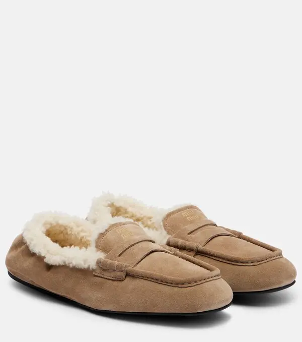 Miu Miu Shearling-lined Suede Penny Loafers - Beige