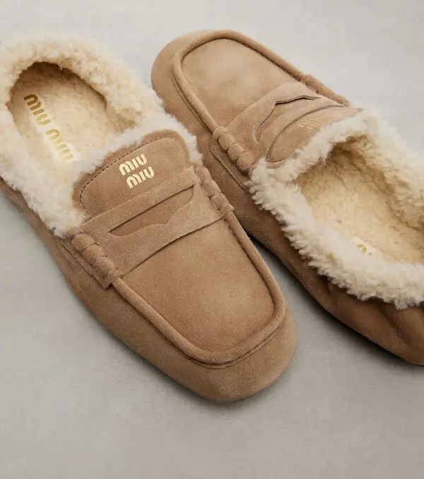 Miu Miu Shearling-lined Suede Penny Loafers - Beige