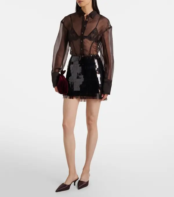 Staud Aida Sheer Silk Organza Shirt - Brown
