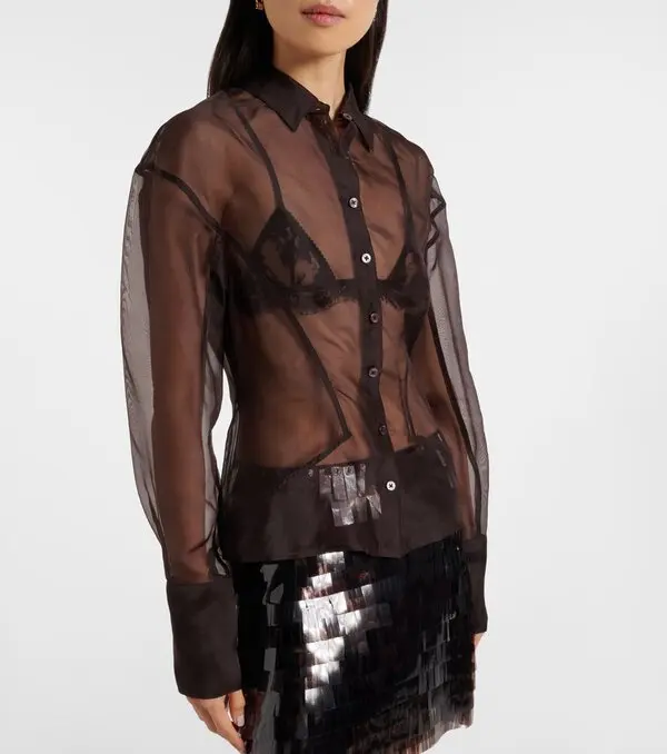 Staud Aida Sheer Silk Organza Shirt - Brown