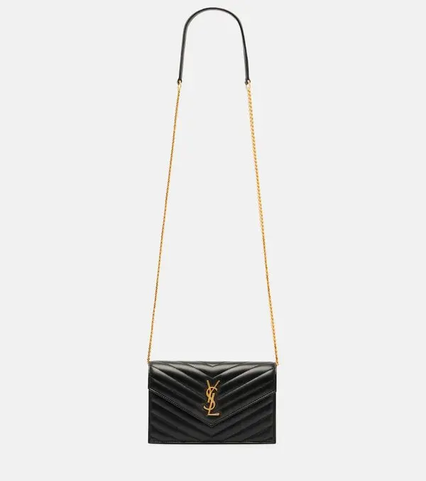 Saint Laurent Cassandre Matelassé Envelope Leather Wallet On Chain - Black