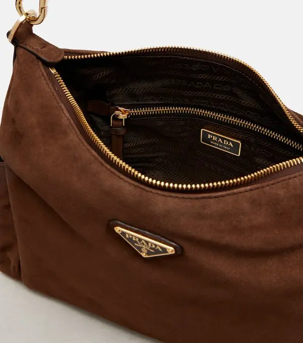 Prada Large Suede Shoulder Bag - Brown
